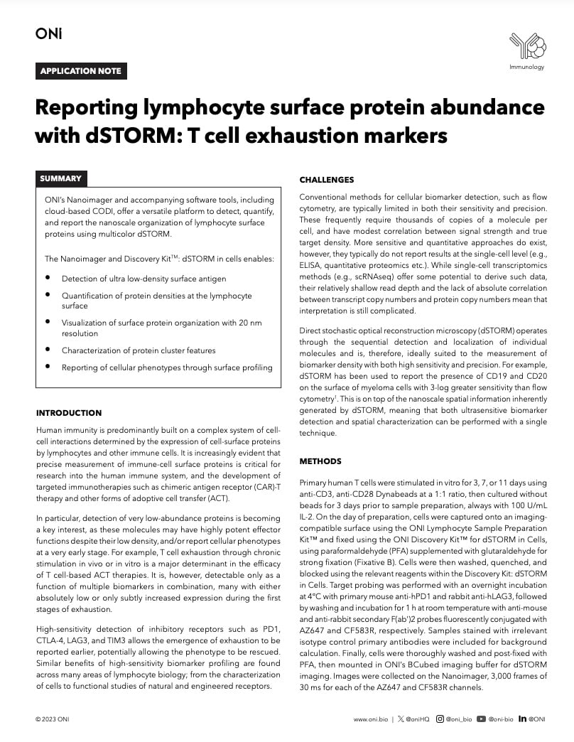 Reporting lymphocyte surface protein abundance with dSTORM: T cell exhaustion markers | ONI